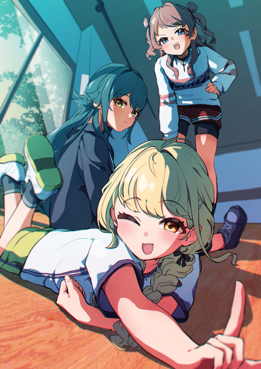 Safebooru - 3girls ;d absurdres bike shorts bike shorts under shorts black jacket blonde hair ...