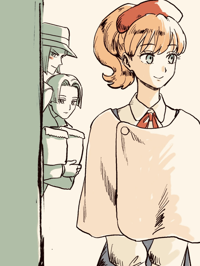 Safebooru - 1girl 2boys acca 13-ku kansatsu-ka bag blonde hair blue eyes bow character request ...