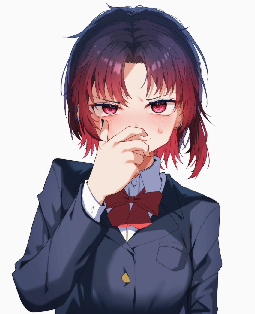 Safebooru - 1girl black hair black jacket blush bow bowtie breast pocket buttons collared shirt ...