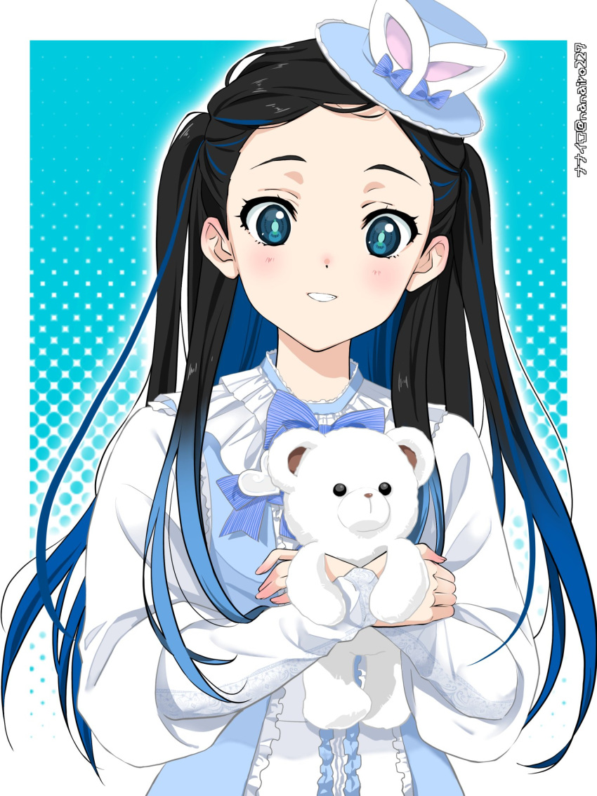 Safebooru - 1girl 22/7 artist name black hair blue background blue eyes blue hair blush border ...