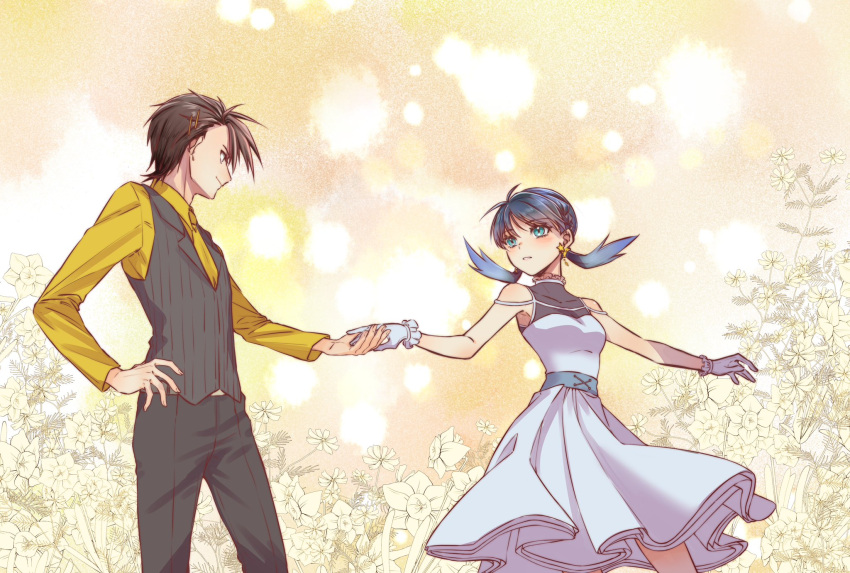 Safebooru - 1boy 1girl ayan ip black hair black pants black vest blue eyes blue hair blush ...