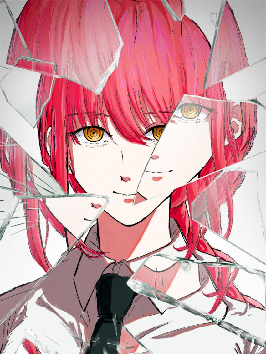 Safebooru - 1girl absurdres black necktie broken glass chainsaw man collared shirt glass highres ...