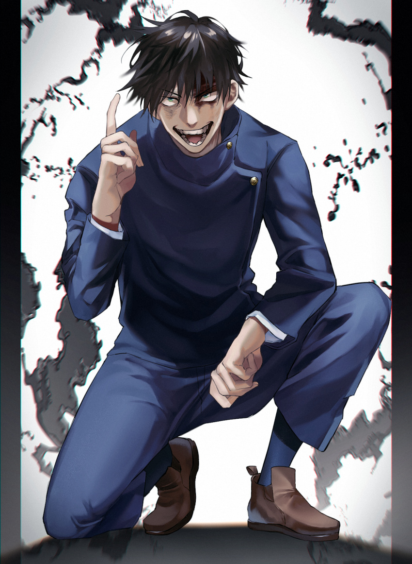 Safebooru - 1boy black hair blue jacket blue pants brown footwear ...