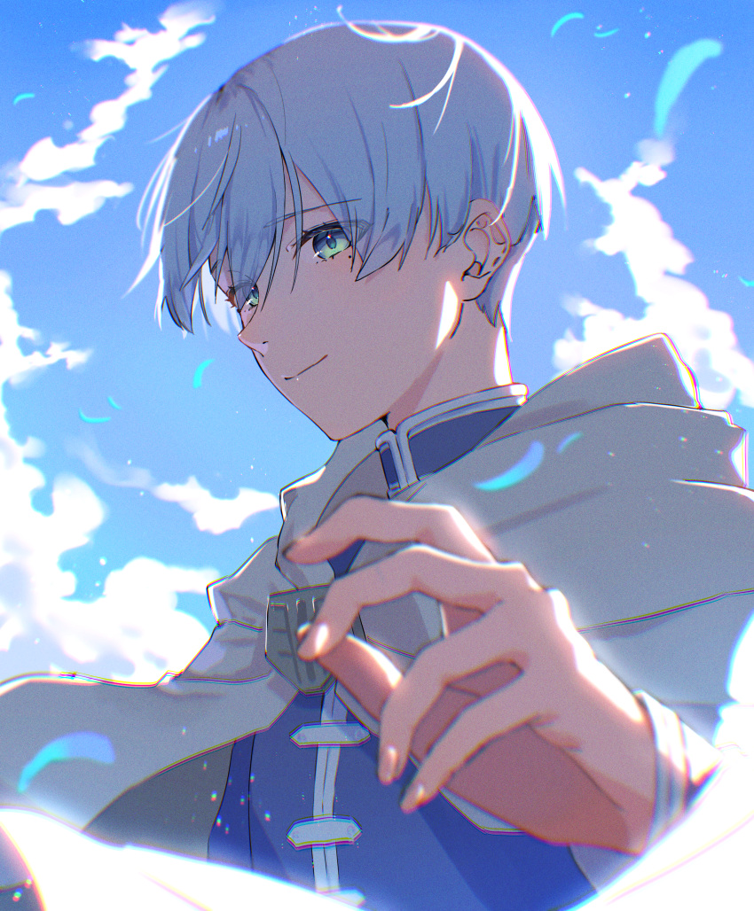 Safebooru - 1boy absurdres blue eyes blue hair blue sky cape chromatic aberration closed mouth ...