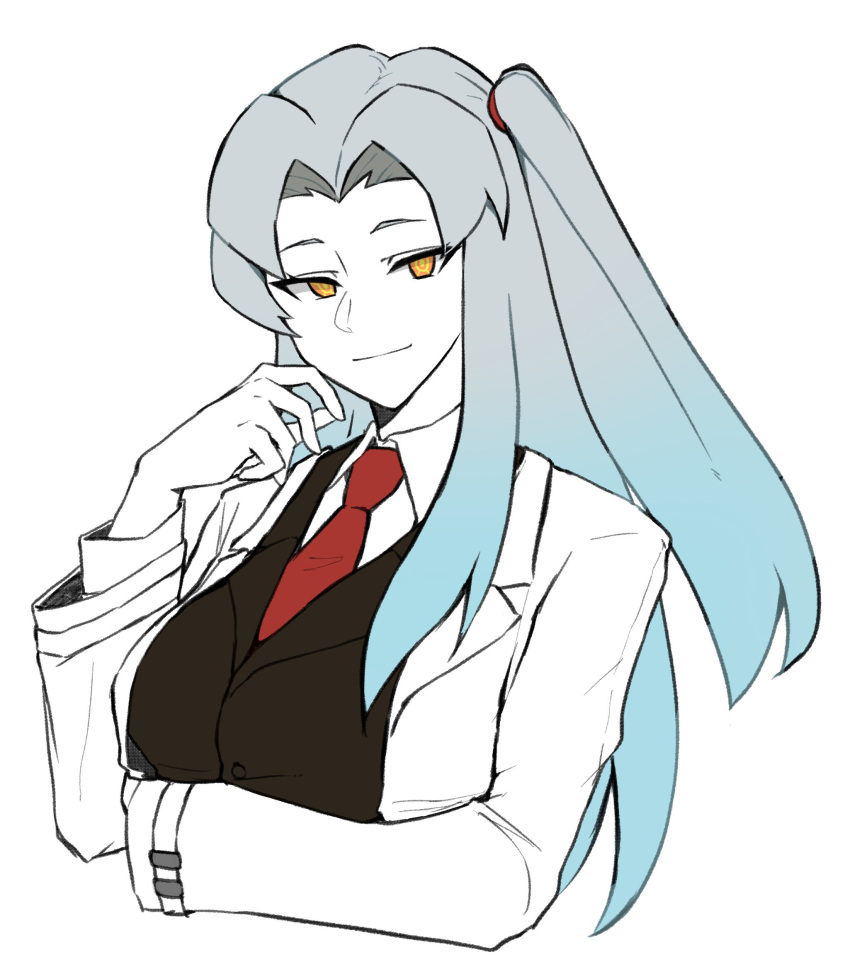 Safebooru - 1girl angela (project moon) black vest blue hair breasts closed mouth coat collared ...