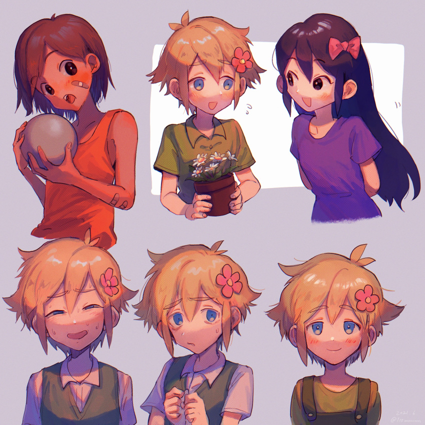 Safebooru - 1girl 2boys aubrey (faraway) (omori) aubrey (omori) bandaid bandaid on face basil ...