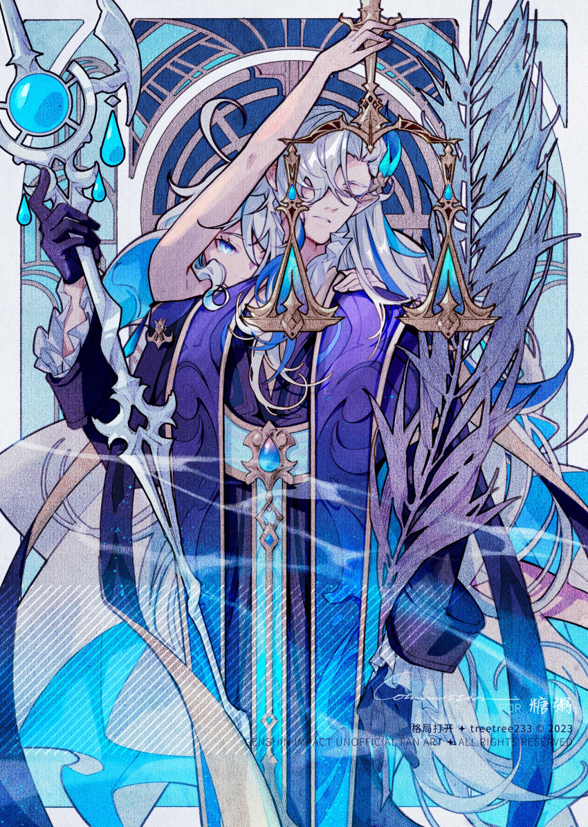 Safebooru - 1boy 1girl absurdres ahoge alternate costume arm up balance scale black gloves black ...