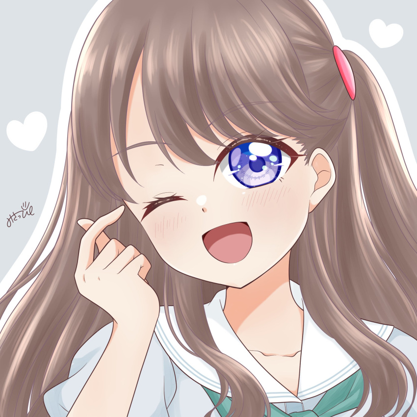 Safebooru - 1girl ;d aqua neckerchief blue dress blush brown hair collarbone commentary request ...