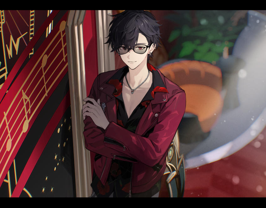 Safebooru - 1boy absurdres anemone (flower) black-framed eyewear black hair black shirt collared ...