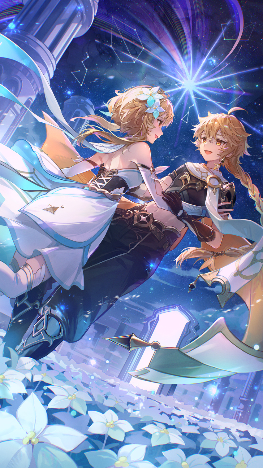 Safebooru - 1boy 1girl :d aether (genshin impact) ahoge bare shoulders ...