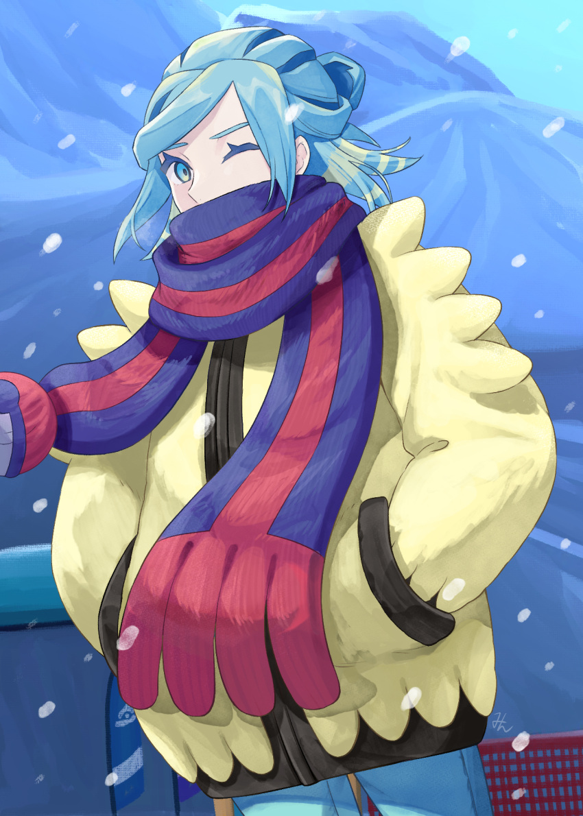 Safebooru - 1boy blue eyes blue hair blue scarf border commentary ...