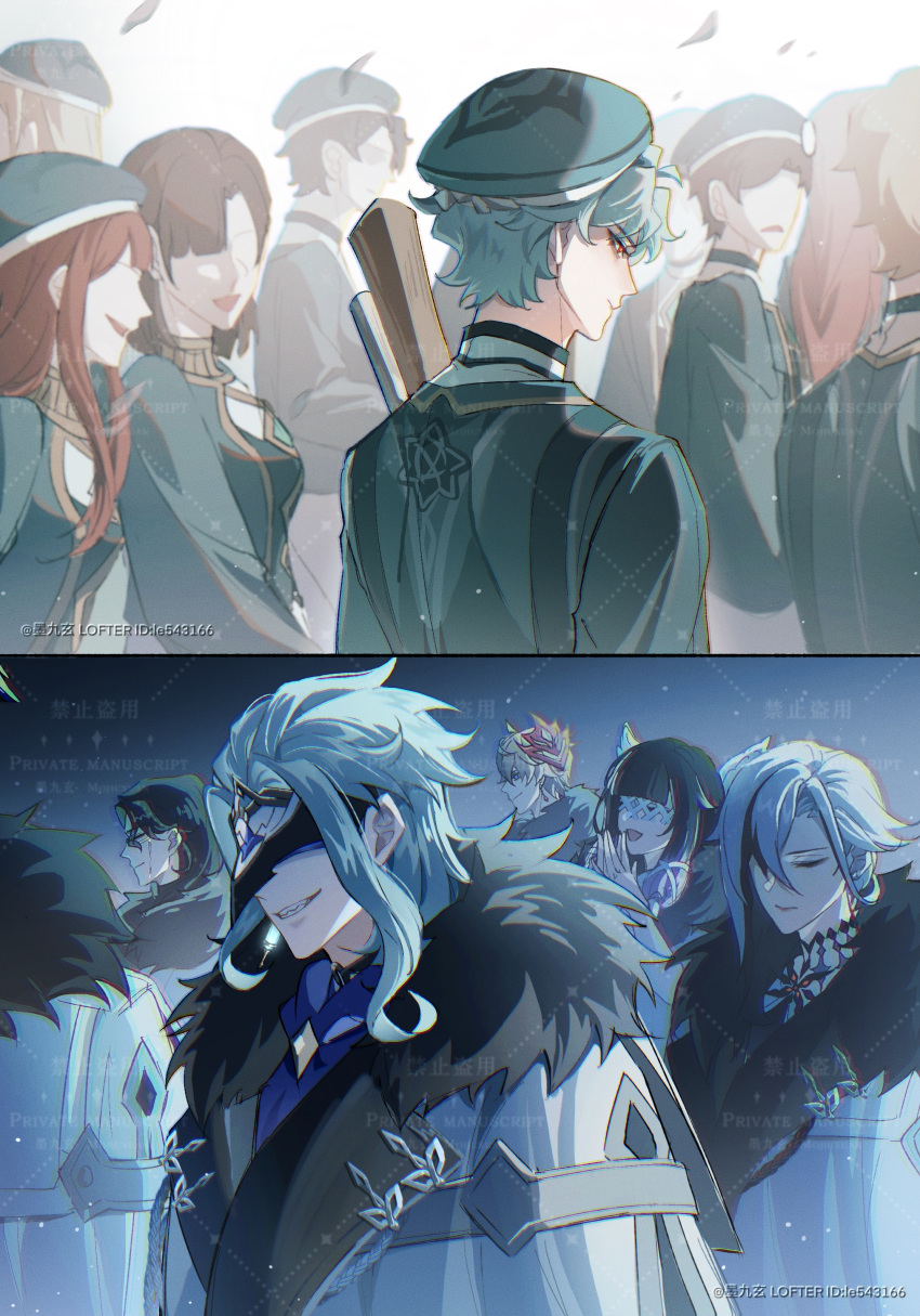 Safebooru - 1other 6+boys 6+girls :d absurdres aiguillette akademiya uniform arlecchino (genshin ...