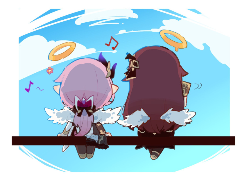 Safebooru - 2girls angel wings blue sky bupiyo chibi clouds cloudy sky cup eden (honkai impact ...