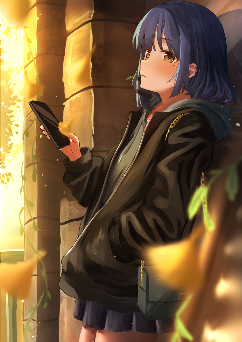 Safebooru - 1girl absurdres against wall bag black jacket black skirt blue hair blunt ends ...