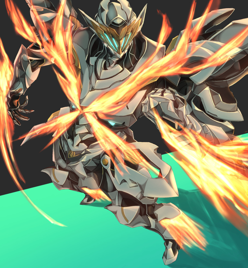 Safebooru - absurdres armor clenched hand fire full body gold trim grey ...