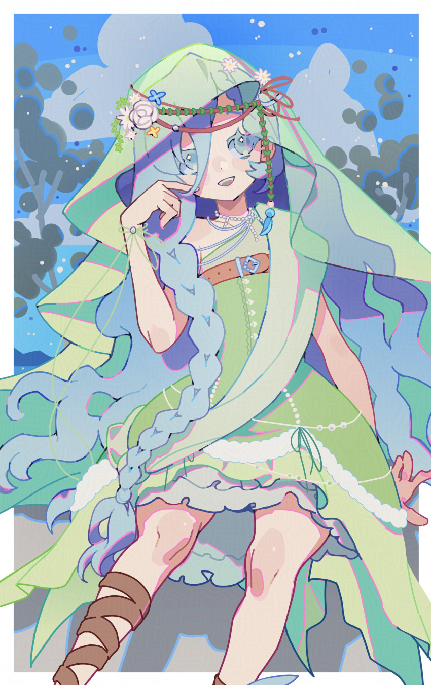 Safebooru - 1girl 37 (reverse:1999) :d absurdres blue eyes blue hair blue sky dress feet out of ...