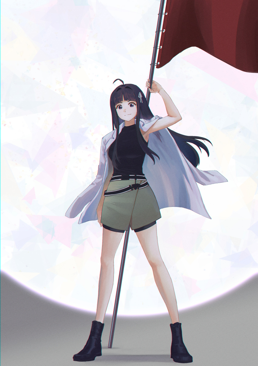 Safebooru - 1girl absurdres ahoge awa subaru black hair black shirt black shorts brown skirt ...