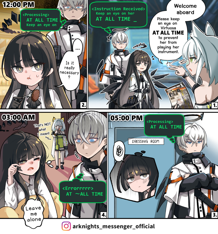 Safebooru - 1boy 2girls arknights ascot bags under eyes black ascot black halo broken halo ...