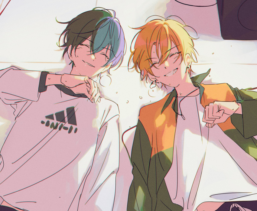 Safebooru - 2boys ^ ^ amplifier aoyagi touya arm up black pants blue hair blush clenched hand ...