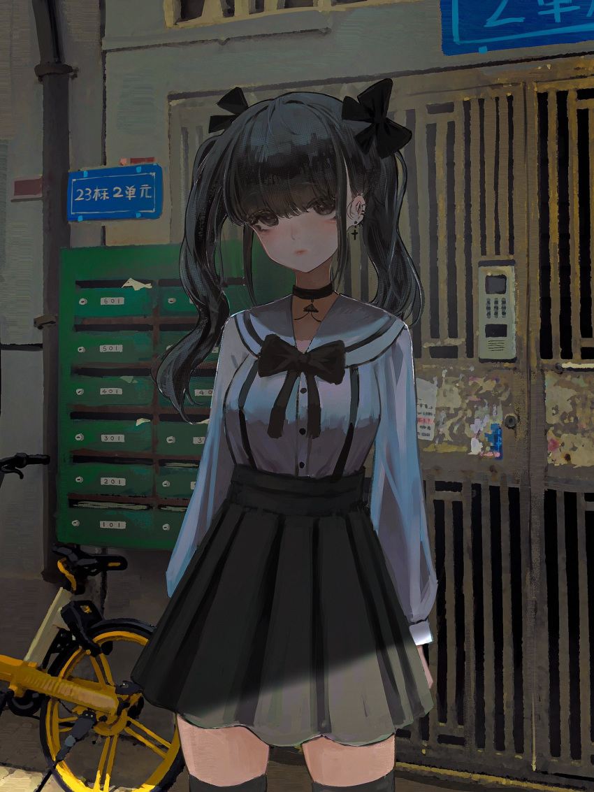 Safebooru - 1girl alley bicycle black bow black bowtie black choker black skirt black thighhighs ...