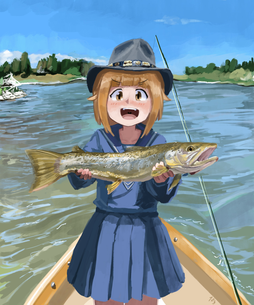 Safebooru - 1girl absurdres animal blue shirt blue skirt blue sleeves ...