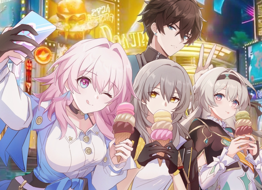 Safebooru - 1boy 3girls black bridal gauntlets black gloves black ...