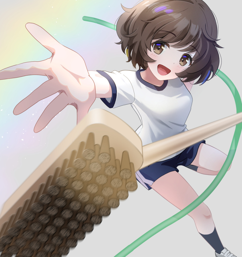 Safebooru - 1girl akiyama yukari black socks blackminolith (2ne) blue shorts broom brown eyes ...