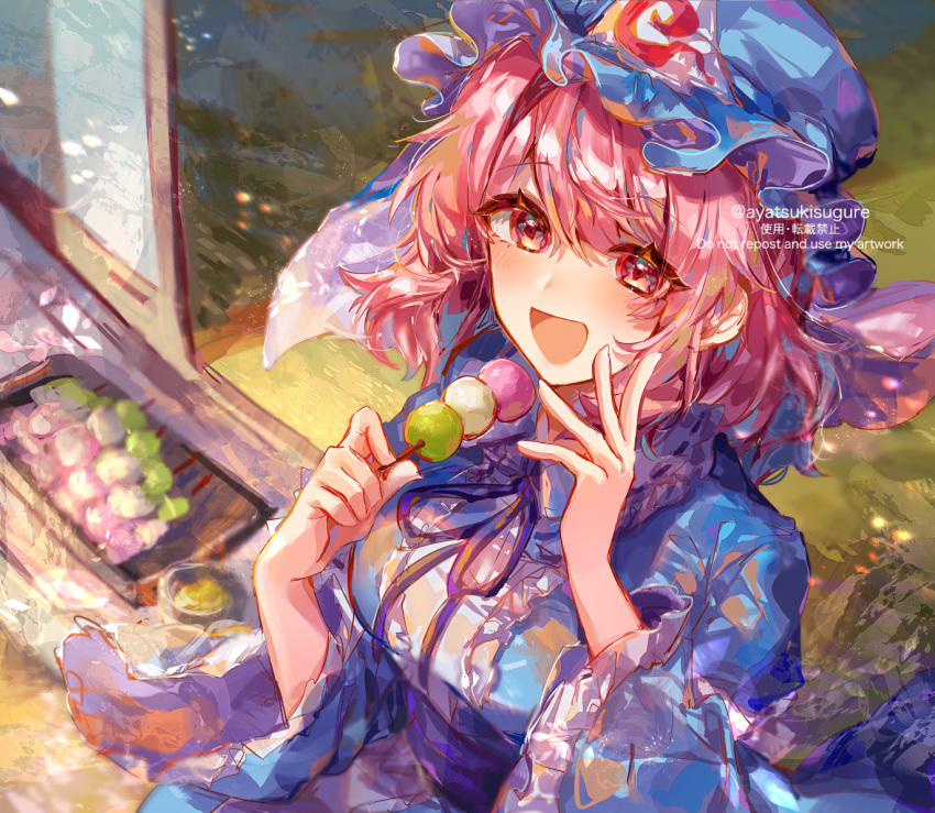 Safebooru - 1girl ayatsuki sugure blue hat blue kimono dango eating food frilled kimono frills ...