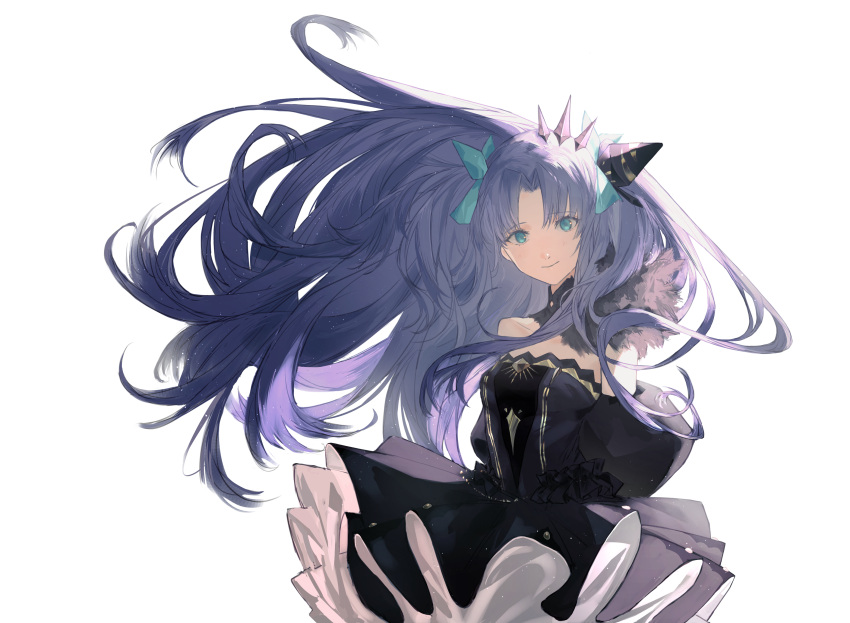 Safebooru - 1girl aqua eyes aqua ribbon arms behind back black dress closed mouth commentary ...