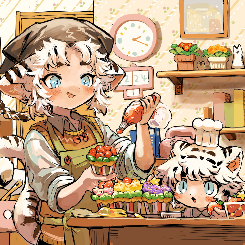 Safebooru - 2boys analog clock animal ears apron black hair blue eyes ...