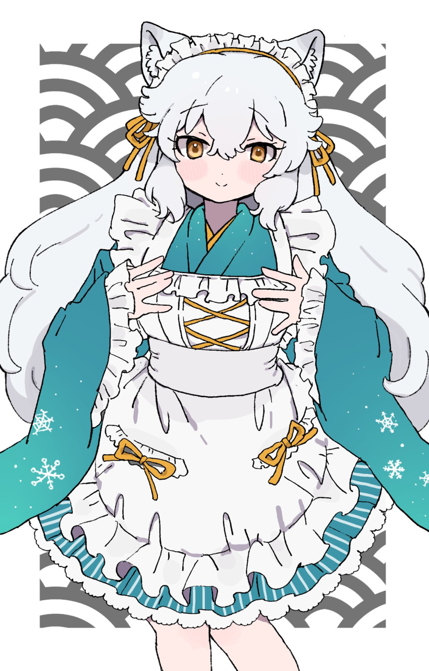 Safebooru - 010mzam 1girl alternate costume animal ears apron arctic fox (kemono friends) blue ...