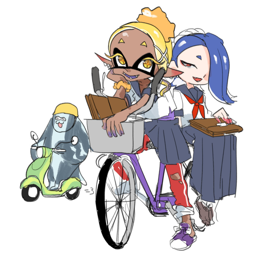 Safebooru - 1boy 2girls alternate costume bag bicycle big man (splatoon ...