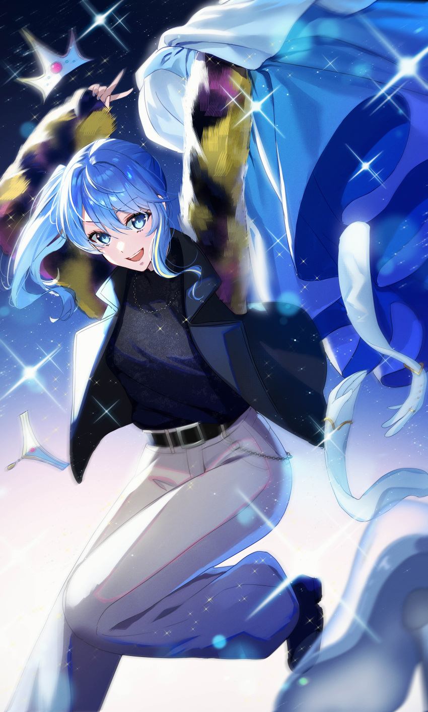 Safebooru - 1girl :d absurdres arms up belt bibideba (hololive) black ...