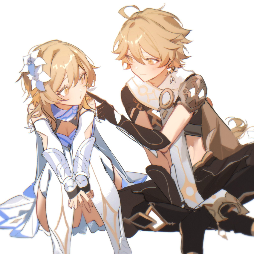 Safebooru - 1boy 1girl aether (genshin impact) ahoge arm armor armor baggy pants bare shoulders ...