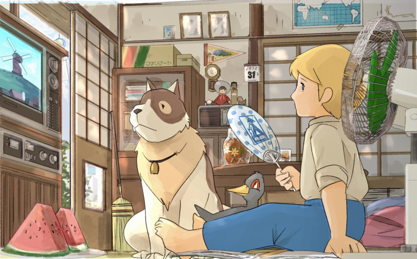 Safebooru - 1boy a dog of flanders barefoot bell bird blonde hair blue ...