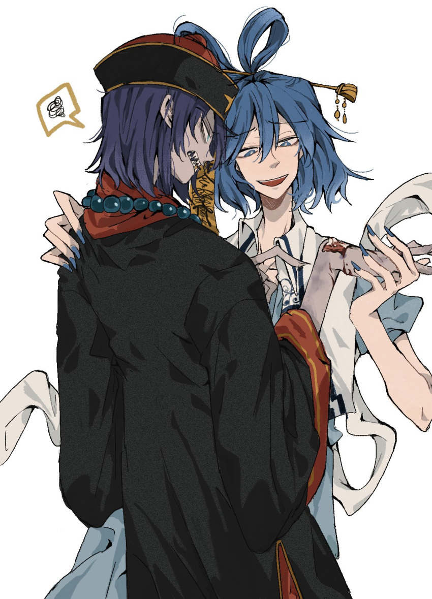 Safebooru - 2girls alternate costume bead necklace beads black hat blue eyes blue hair blue ...