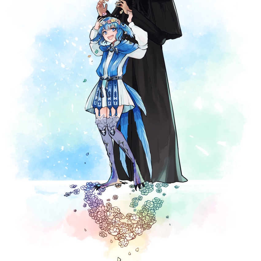 Safebooru - 1girl 1other :d arms up bird girl bird legs bird tail bird wings blue capelet blue ...