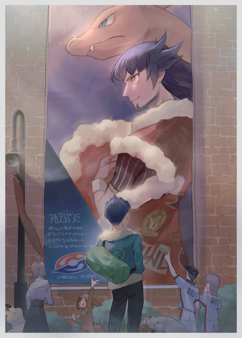 Safebooru - 3boys 3girls arm up black hat black pants border brick wall ...