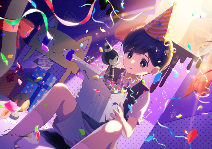 Safebooru - 2boys big yellow cat (omori) black eyes black hair black ...