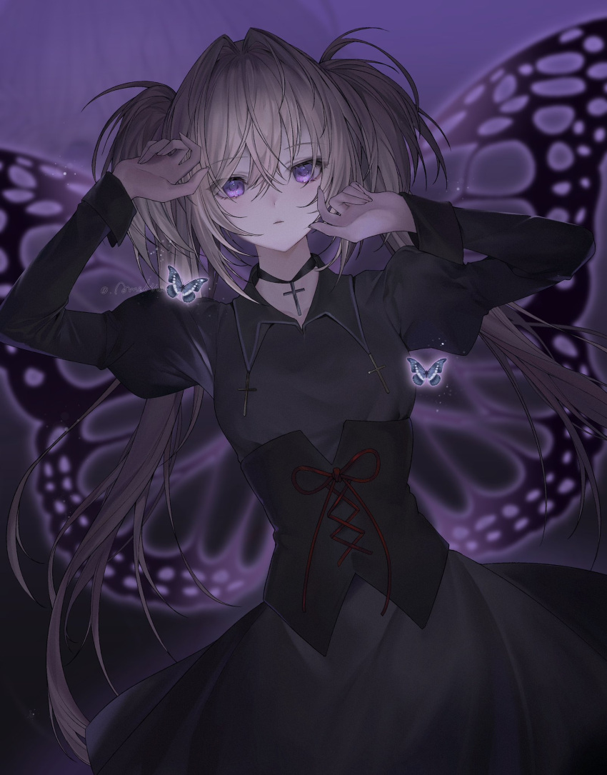Safebooru - 1girl ame (amelovelio) artist name black choker black corset black dress blonde hair ...