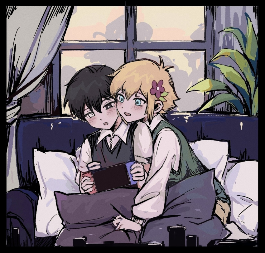 Safebooru - 2boys alternate costume basil (faraway) (omori) basil (omori) black border black ...