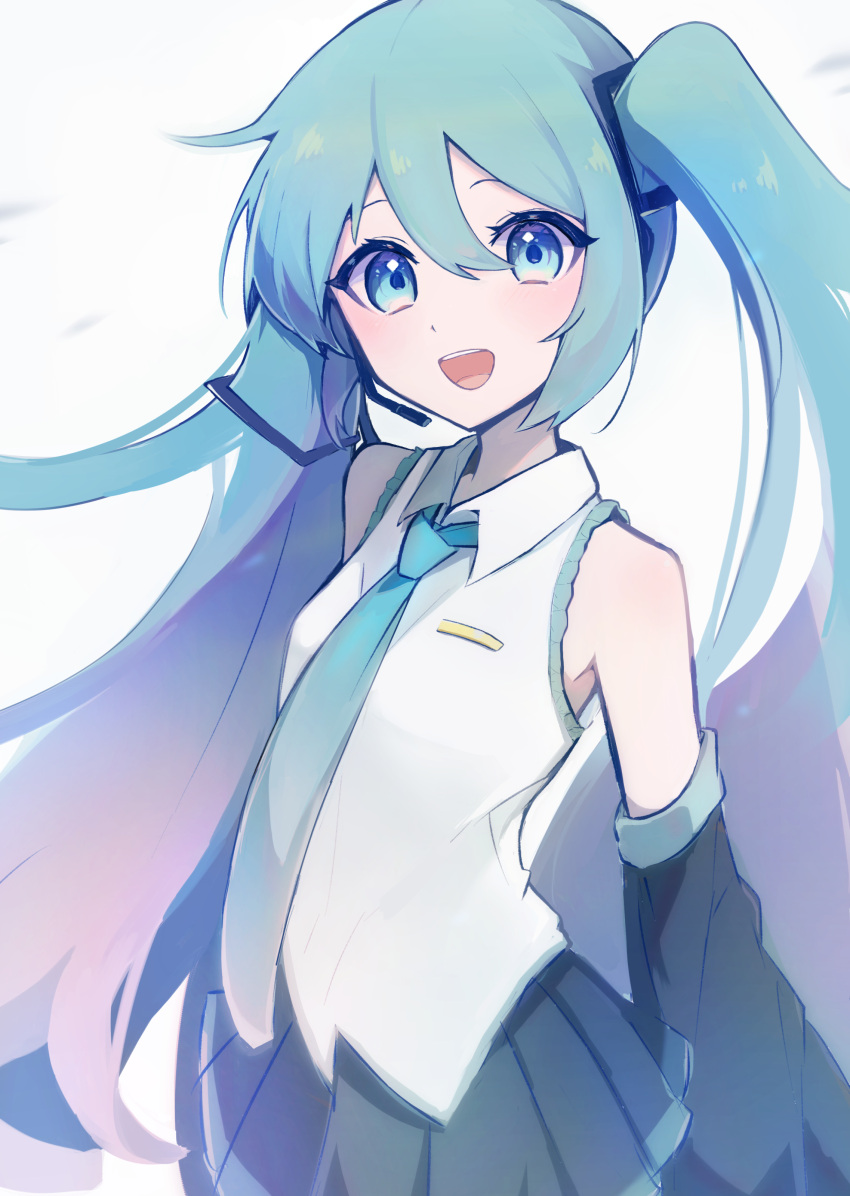 Safebooru - 1girl :d absurdres aqua eyes aqua hair aqua necktie aqua trim arms at sides bare ...