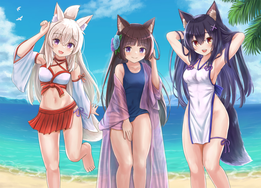 Safebooru - 3girls animal ear fluff animal ears beach blue eyes blue swimsuit blush brown hair ...