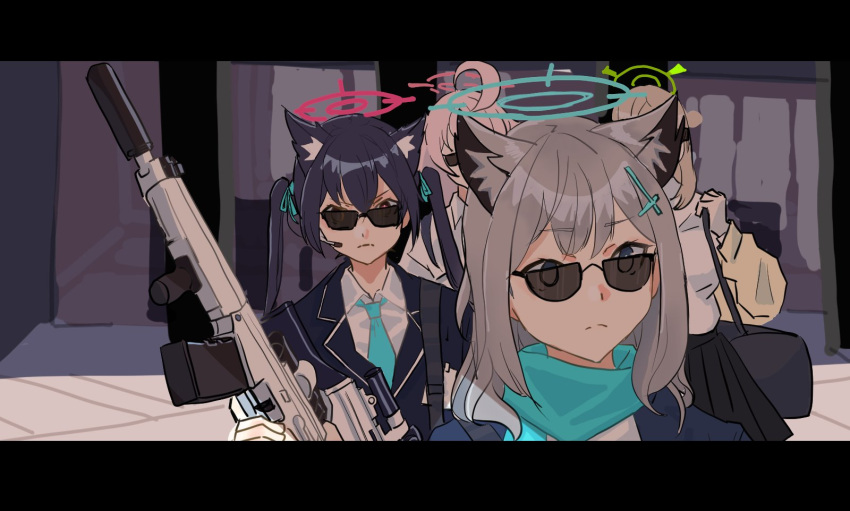 Safebooru - 4girls ahoge animal ears assault rifle bag black hair black jacket blazer blue ...