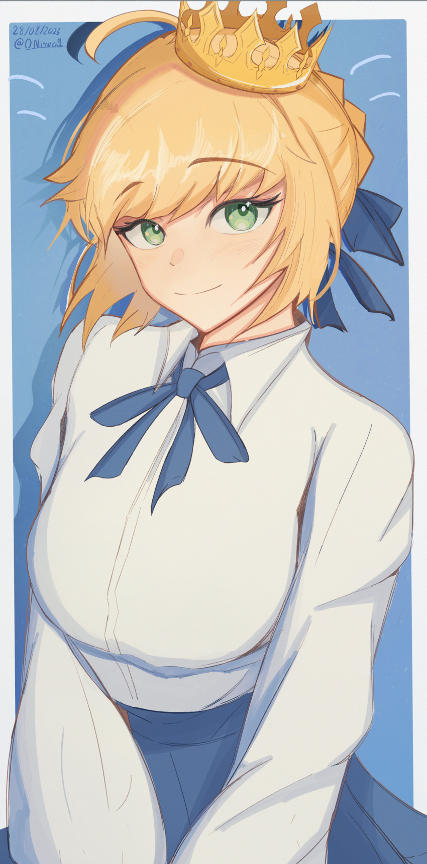 Safebooru - 0nineo9 1girl absurdres ahoge artoria pendragon (fate) blonde hair blue ribbon blue ...