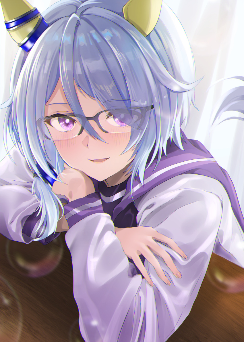 Safebooru - 1girl absurdres against table animal ears arm support bespectacled black-framed ...