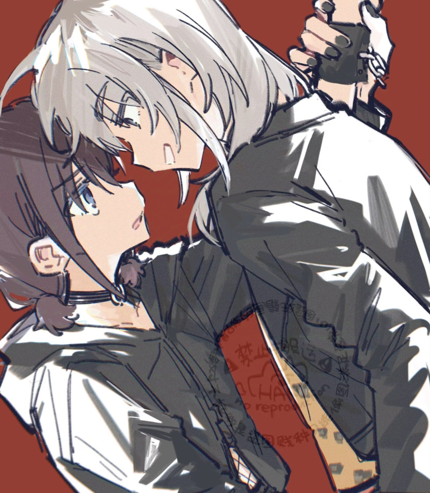 Safebooru - 2girls animal print black choker black jacket black nails ...