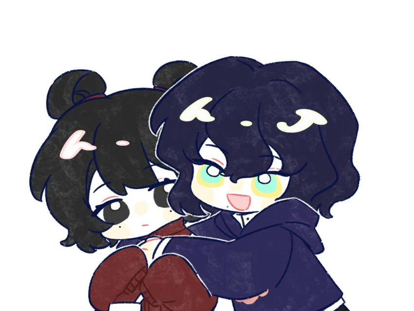 Safebooru - 1boy 1girl artist request black eyes black hair blue hoodie chinese commentary ...