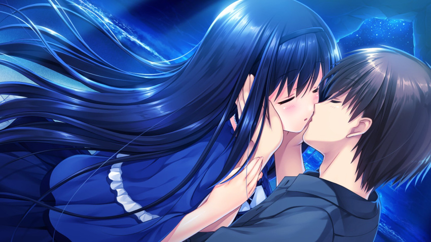 Safebooru - 1boy 1girl beach black hair blue dress blush brown hair closed eyes dress game cg ...
