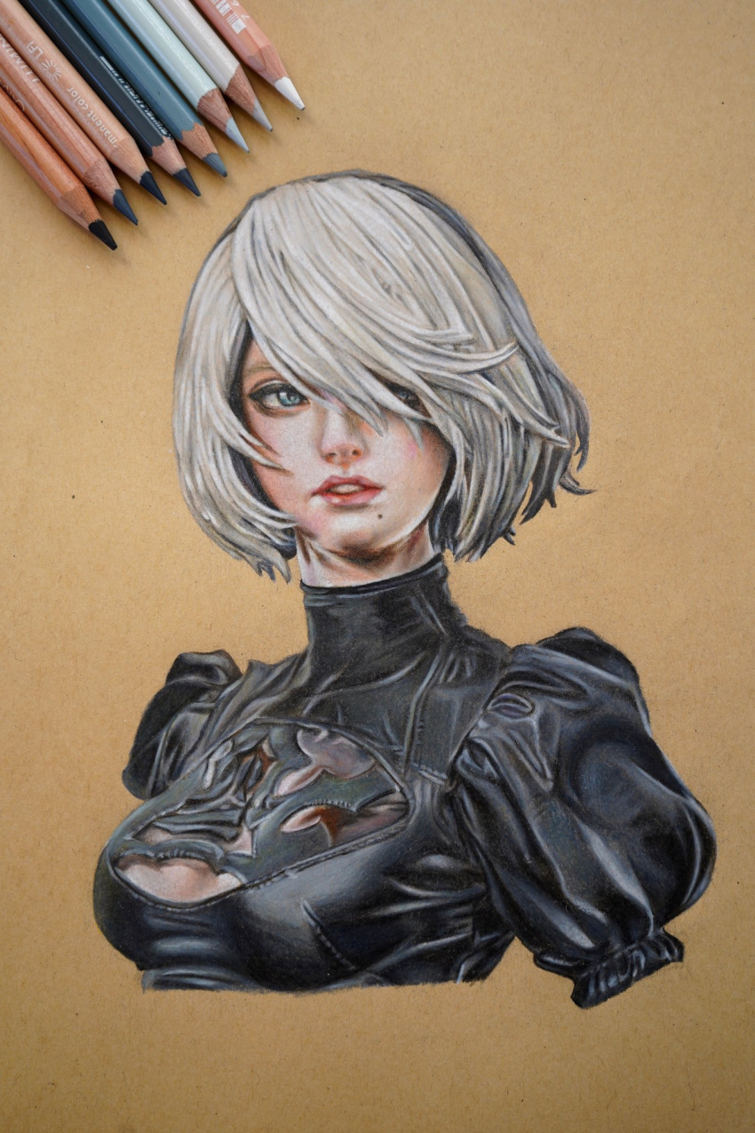 Safebooru - 1girl 2b (nier:automata) blue eyes bob cut graphite (medium) hairband highres medium ...